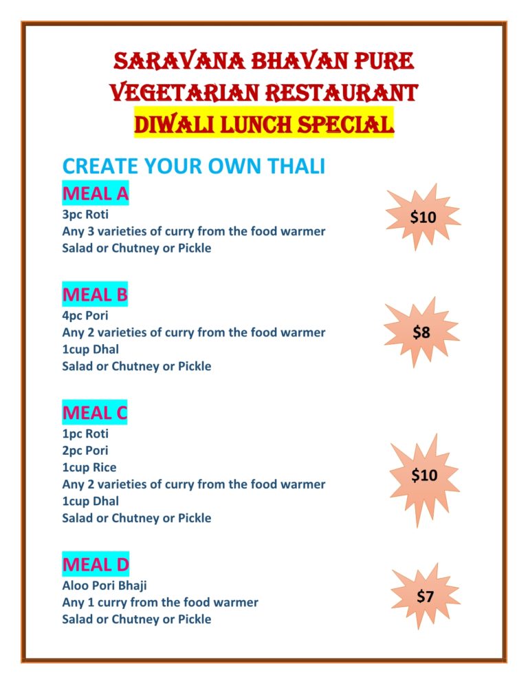 Saravana Bhavan – Exclusive Lunch Menu for Diwali on the 27th October ...