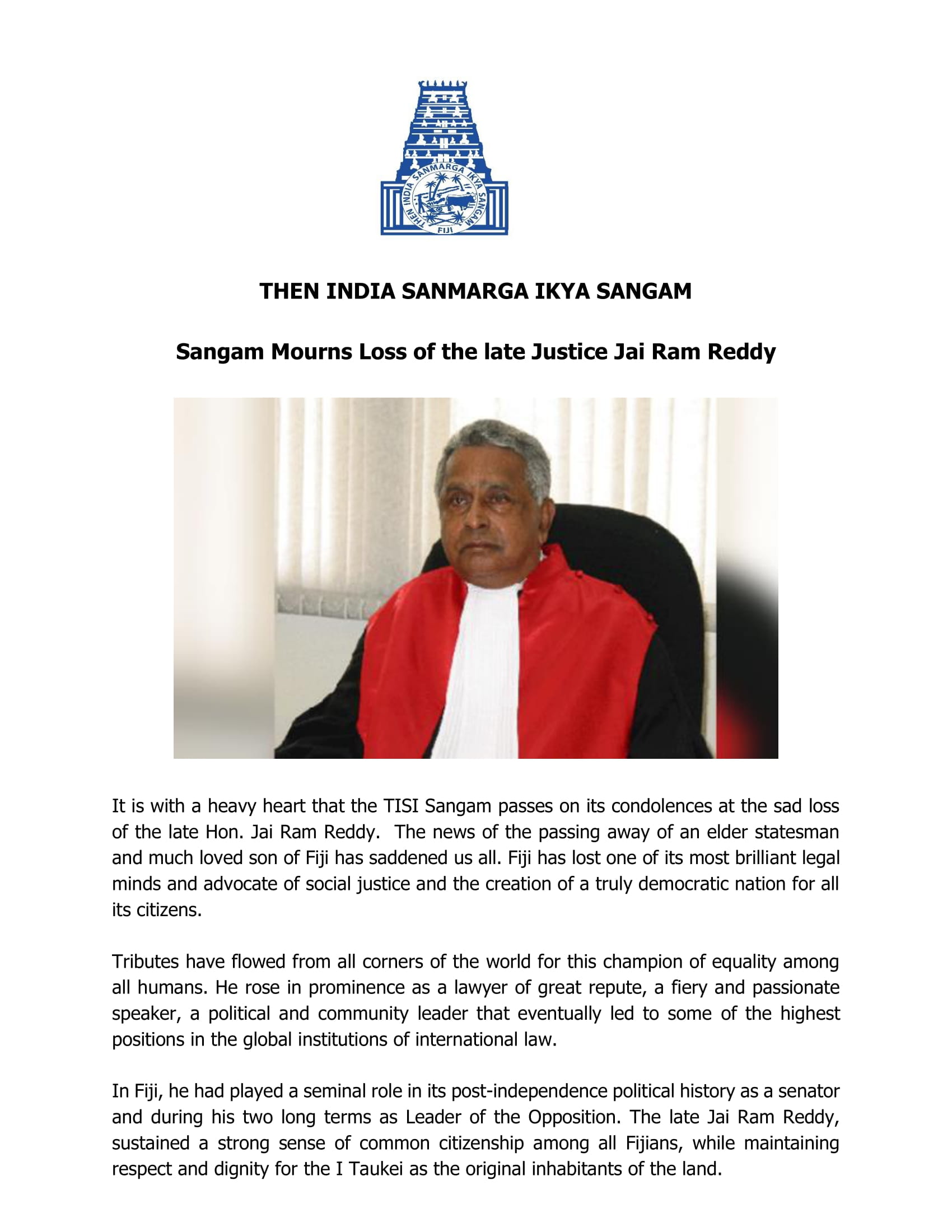 Sangam Mourns Loss of the late Justice Jai Ram Reddy - SANGAM FIJI