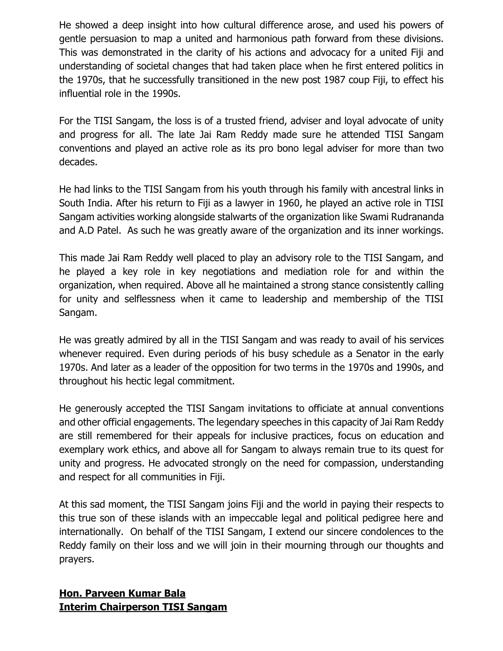 Sangam Mourns Loss of the late Justice Jai Ram Reddy - SANGAM FIJI