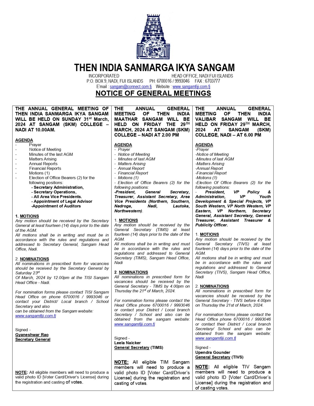 AGM NOTICE AND NOMINATION FORMS - SANGAM FIJI