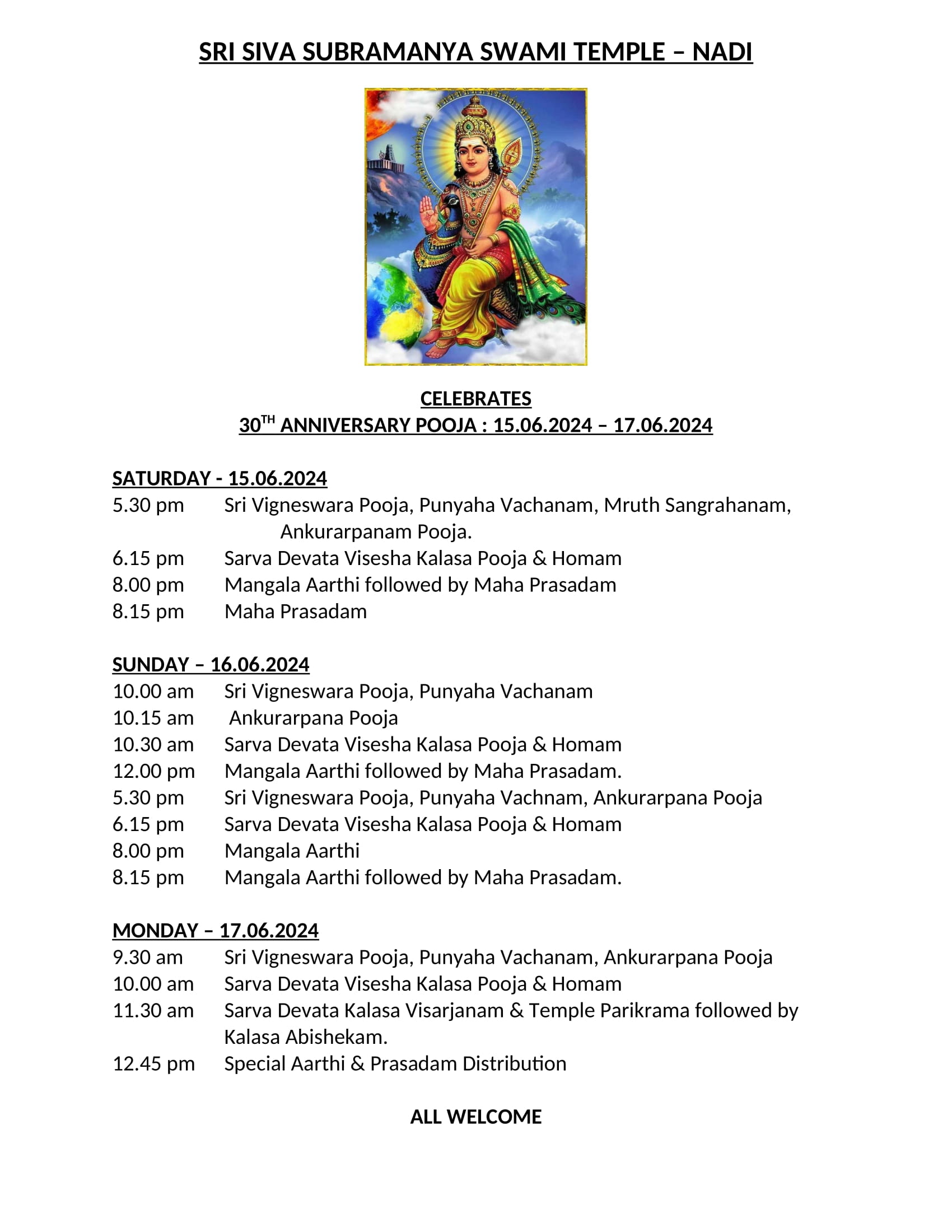 30TH ANNIVERSARY POOJA : 15.06.2024 – 17.06.2024 - SANGAM FIJI